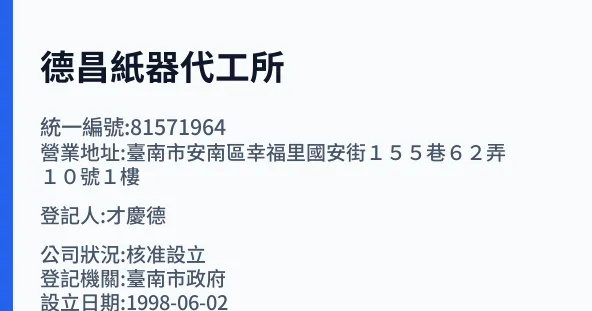德昌紙器代工所的照片-統編 81571964(臺南市) 公司登記資料與營業項目詳細圖表