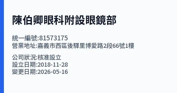 陳伯卿眼科附設眼鏡部的照片-統編 81573175(嘉義市) 公司登記資料與營業項目詳細圖表