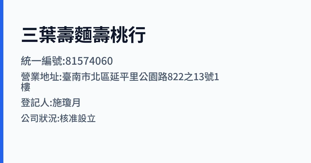 三葉壽麵壽桃行 - 統編 81574060(臺南市) 公司登記資料與營業項目詳細圖表
