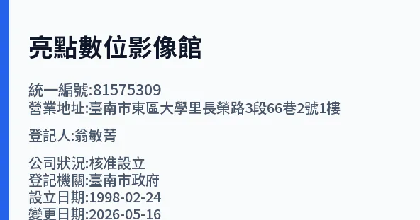 亮點數位影像館的照片-統編 81575309(臺南市) 公司登記資料與營業項目詳細圖表