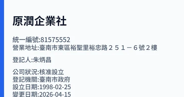 原潤企業社的照片-統編 81575552(臺南市) 公司登記資料與營業項目詳細圖表