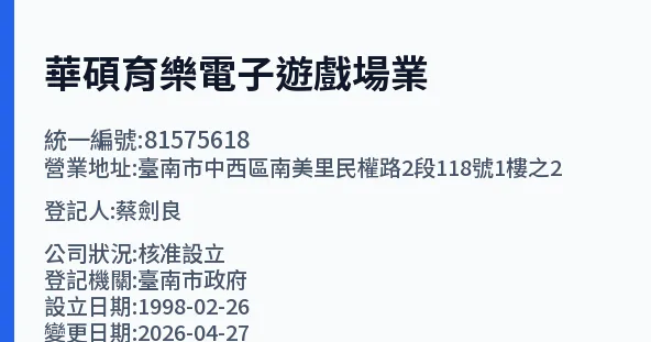 華碩育樂電子遊戲場業的照片-統編 81575618(臺南市) 公司登記資料與營業項目詳細圖表