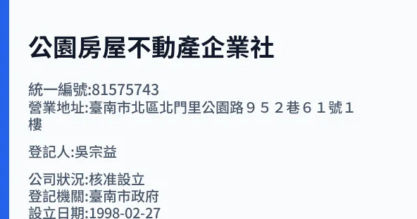 公園房屋不動產企業社的照片-統編 81575743(臺南市) 公司登記資料與營業項目詳細圖表