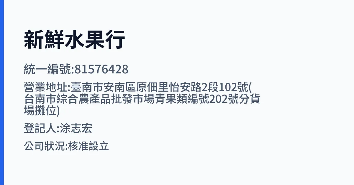 新鮮水果行 - 統編 81576428(臺南市) 公司登記資料與營業項目詳細圖表