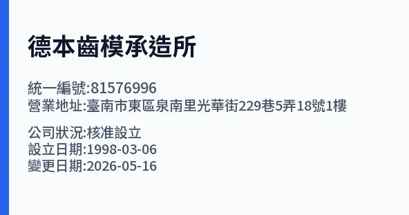 德本齒模承造所的照片-統編 81576996(臺南市) 公司登記資料與營業項目詳細圖表