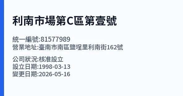 利南市場第C區第壹號的照片-統編 81577989(臺南市) 公司登記資料與營業項目詳細圖表
