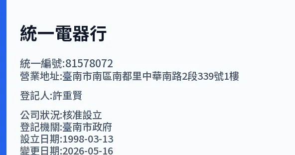 統一電器行的照片-統編 81578072(臺南市) 公司登記資料與營業項目詳細圖表