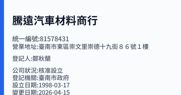 騰遠汽車材料商行的照片-統編 81578431(臺南市) 公司登記資料與營業項目詳細圖表