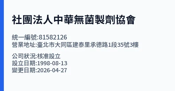 社團法人中華無菌製劑協會的照片-統編 81582126(臺北市) 公司登記資料與營業項目詳細圖表