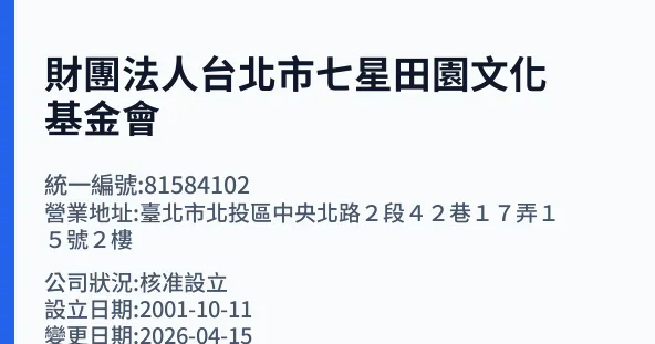 財團法人台北市七星田園文化基金會的照片-統編 81584102(臺北市) 公司登記資料與營業項目詳細圖表