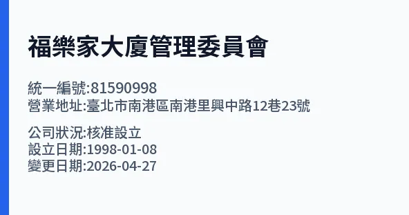 福樂家大廈管理委員會的照片-統編 81590998(臺北市) 公司登記資料與營業項目詳細圖表