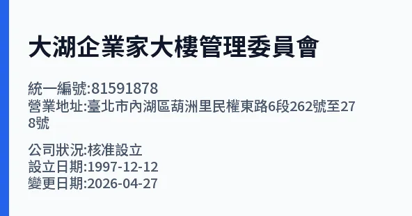 大湖企業家大樓管理委員會的照片-統編 81591878(臺北市) 公司登記資料與營業項目詳細圖表