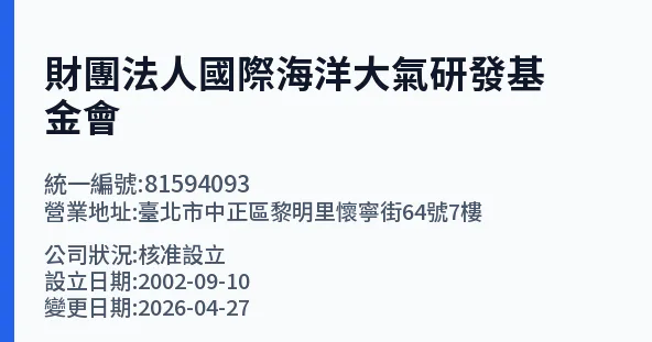 財團法人國際海洋大氣研發基金會的照片-統編 81594093(臺北市) 公司登記資料與營業項目詳細圖表