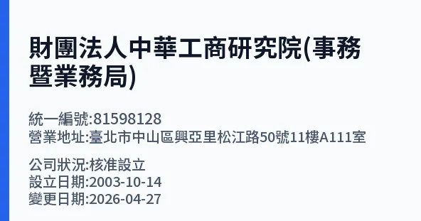財團法人中華工商研究院(事務暨業務局)的照片-統編 81598128(臺北市) 公司登記資料與營業項目詳細圖表