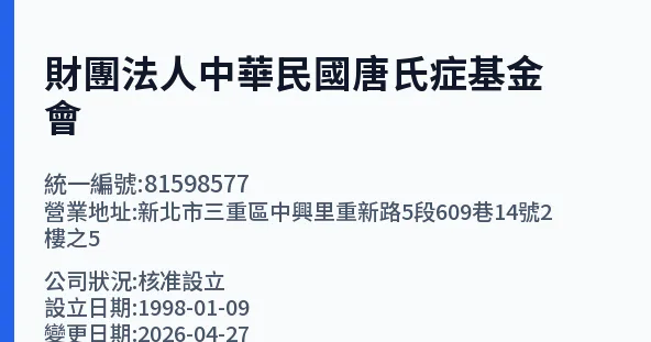 財團法人中華民國唐氏症基金會的照片-統編 81598577(新北市) 公司登記資料與營業項目詳細圖表