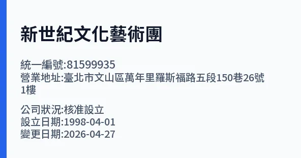 新世紀文化藝術團的照片-統編 81599935(臺北市) 公司登記資料與營業項目詳細圖表