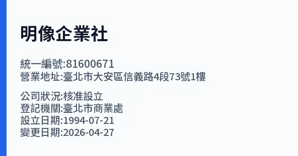明像企業社的照片-統編 81600671(臺北市) 公司登記資料與營業項目詳細圖表