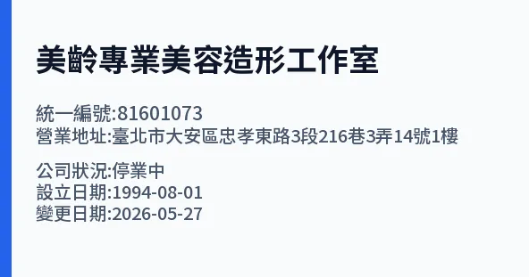 美齡專業美容造形工作室的照片-統編 81601073(臺北市) 公司登記資料與營業項目詳細圖表
