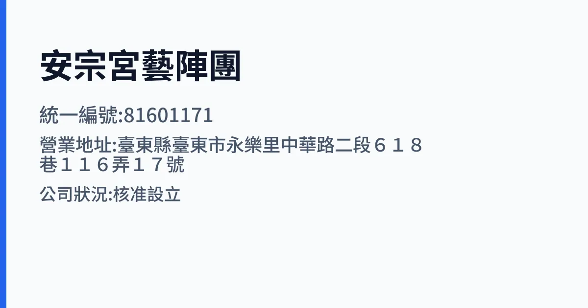 安宗宮藝陣團 - 統編 81601171(臺東縣) 公司登記資料與營業項目詳細圖表