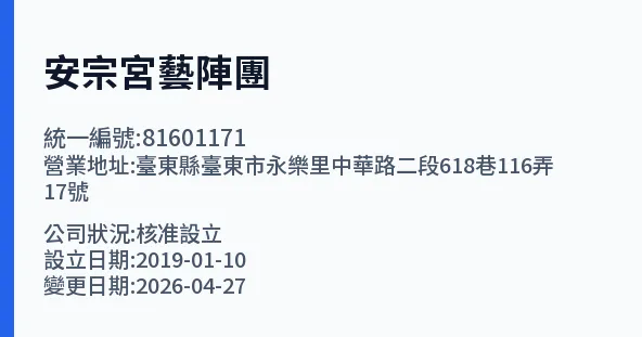 安宗宮藝陣團的照片-統編 81601171(臺東縣) 公司登記資料與營業項目詳細圖表