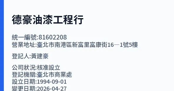 德豪油漆工程行的照片-統編 81602208(臺北市) 公司登記資料與營業項目詳細圖表