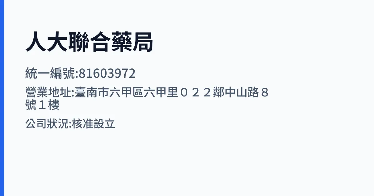人大聯合藥局 - 統編 81603972(臺南市) 公司登記資料與營業項目詳細圖表