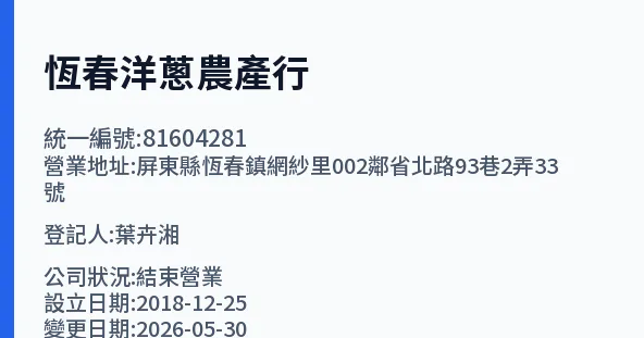 恆春洋蔥農產行的照片-統編 81604281(屏東縣) 公司登記資料與營業項目詳細圖表