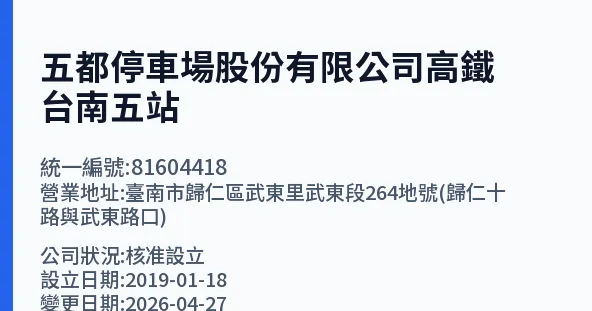 五都停車場股份有限公司高鐵台南五站的照片-統編 81604418(臺南市) 公司登記資料與營業項目詳細圖表