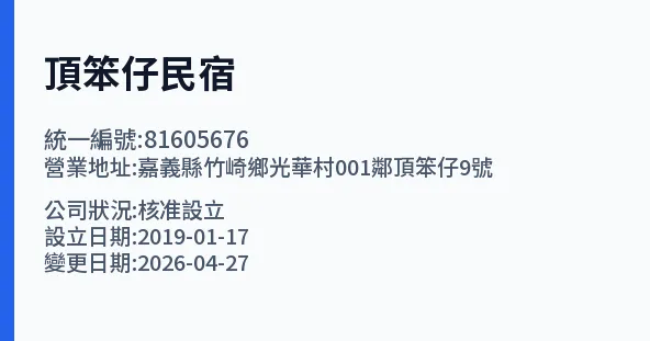 頂笨仔民宿的照片-統編 81605676(嘉義縣) 公司登記資料與營業項目詳細圖表