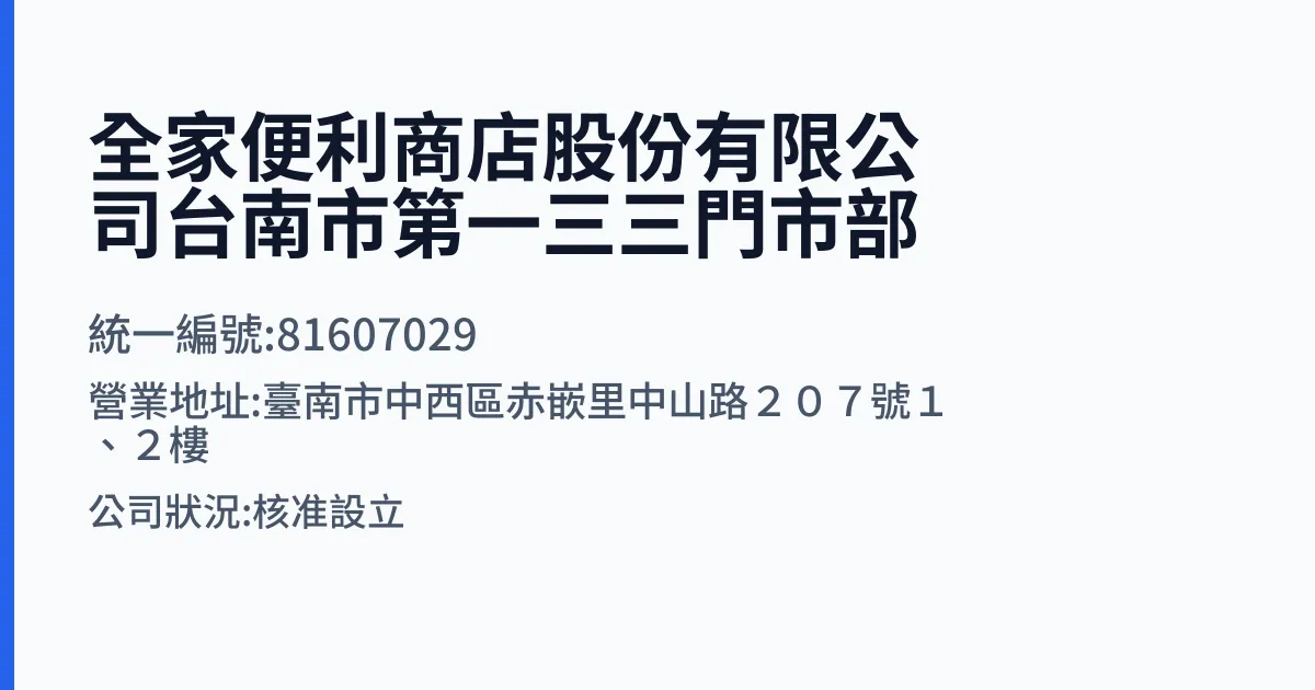全家便利商店股份有限公司台南市第一三三門市部 - 統編 81607029(臺南市) 公司登記資料與營業項目詳細圖表