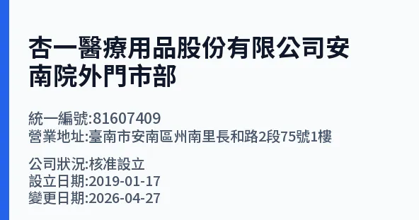 杏一醫療用品股份有限公司安南院外門市部的照片-統編 81607409(臺南市) 公司登記資料與營業項目詳細圖表