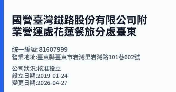 國營臺灣鐵路股份有限公司附業營運處花蓮餐旅分處臺東的照片-統編 81607999(臺東縣) 公司登記資料與營業項目詳細圖表