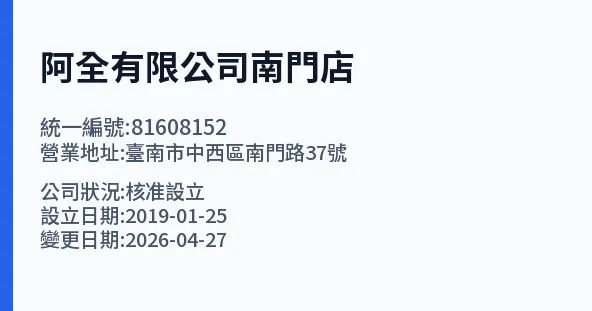 阿全有限公司南門店的照片-統編 81608152(臺南市) 公司登記資料與營業項目詳細圖表