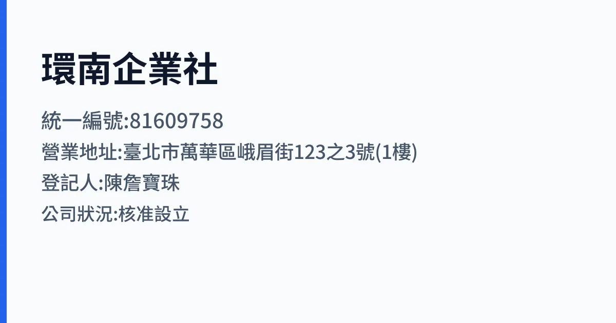 環南企業社 - 統編 81609758(臺北市) 公司登記資料與營業項目詳細圖表