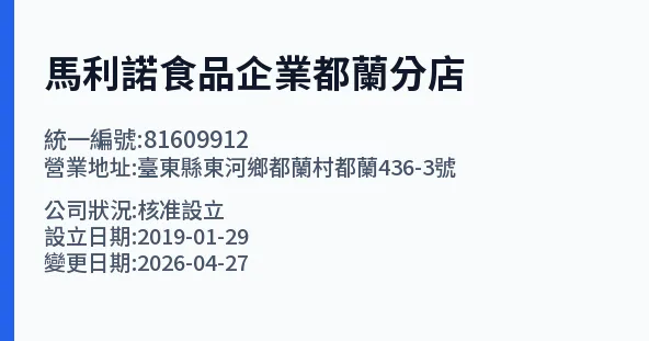 馬利諾食品企業都蘭分店的照片-統編 81609912(臺東縣) 公司登記資料與營業項目詳細圖表