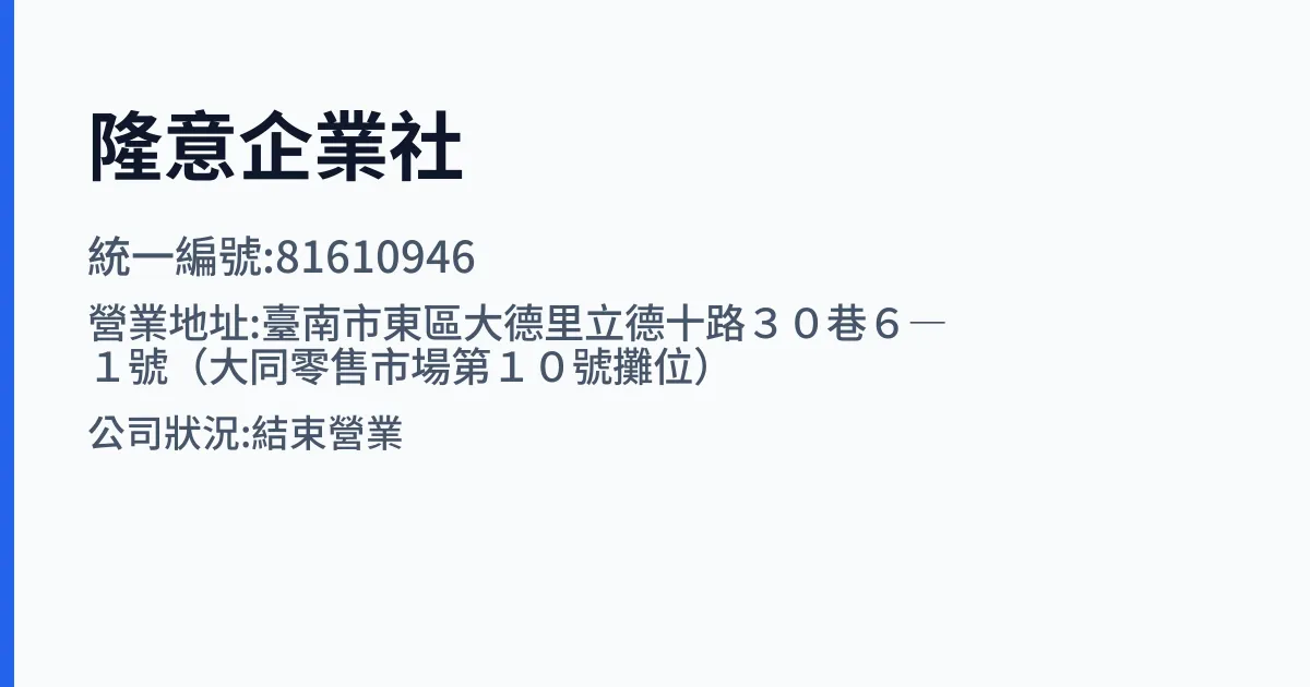 隆意企業社 - 統編 81610946(臺南市) 公司登記資料與營業項目詳細圖表
