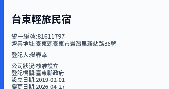 台東輕旅民宿的照片-統編 81611797(臺東縣) 公司登記資料與營業項目詳細圖表