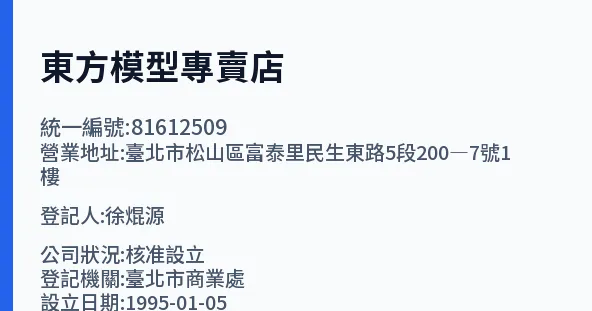 東方模型專賣店的照片-統編 81612509(臺北市) 公司登記資料與營業項目詳細圖表