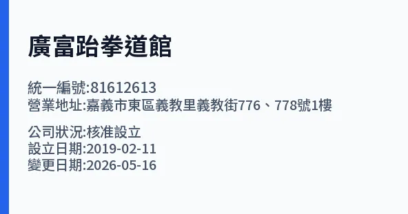 廣富跆拳道館的照片-統編 81612613(嘉義市) 公司登記資料與營業項目詳細圖表