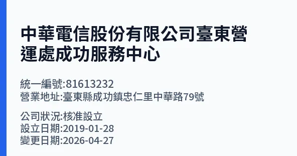 中華電信股份有限公司臺東營運處成功服務中心的照片-統編 81613232(臺東縣) 公司登記資料與營業項目詳細圖表