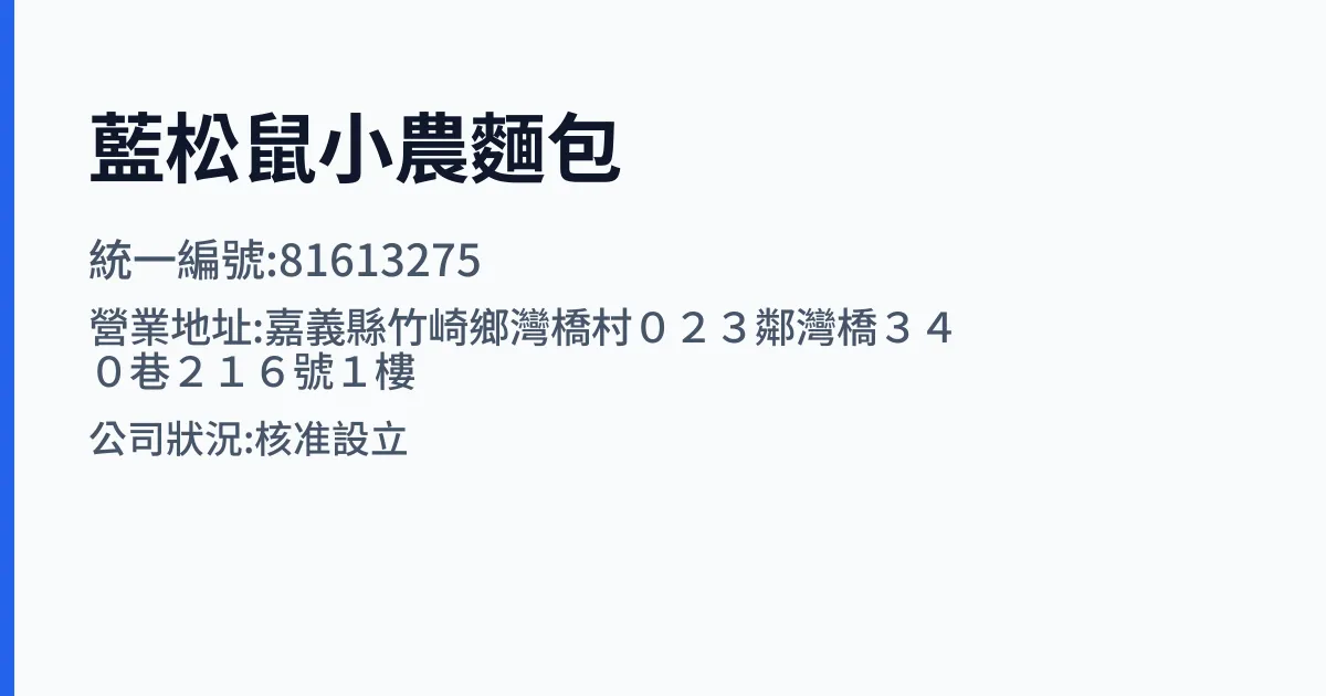 藍松鼠小農麵包 - 統編 81613275(嘉義縣) 公司登記資料與營業項目詳細圖表
