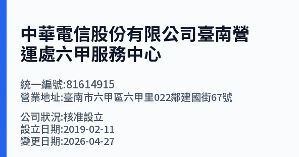 中華電信股份有限公司臺南營運處六甲服務中心的照片-統編 81614915(臺南市) 公司登記資料與營業項目詳細圖表