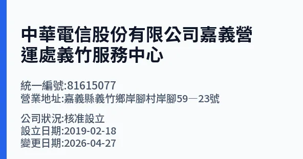 中華電信股份有限公司嘉義營運處義竹服務中心的照片-統編 81615077(嘉義縣) 公司登記資料與營業項目詳細圖表