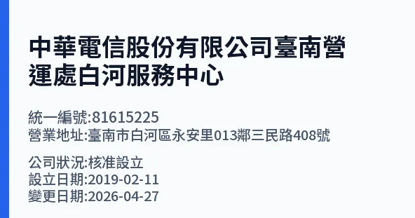 中華電信股份有限公司臺南營運處白河服務中心的照片-統編 81615225(臺南市) 公司登記資料與營業項目詳細圖表