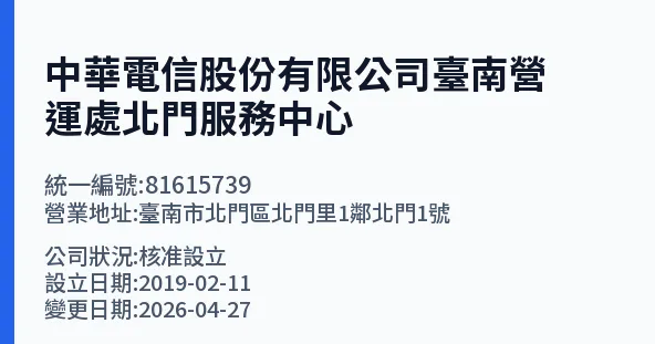 中華電信股份有限公司臺南營運處北門服務中心的照片-統編 81615739(臺南市) 公司登記資料與營業項目詳細圖表