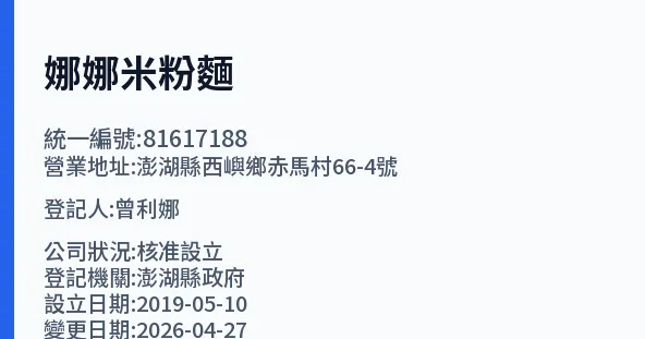 娜娜米粉麵的照片-統編 81617188(澎湖縣) 公司登記資料與營業項目詳細圖表