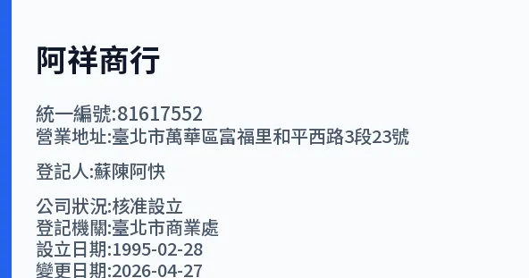 阿祥商行的照片-統編 81617552(臺北市) 公司登記資料與營業項目詳細圖表