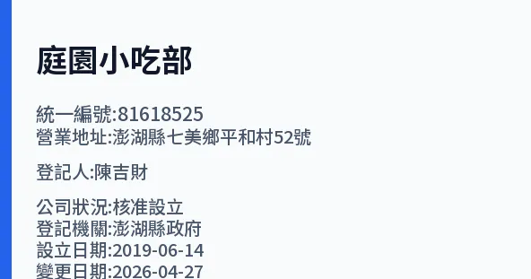 庭園小吃部的照片-統編 81618525(澎湖縣) 公司登記資料與營業項目詳細圖表