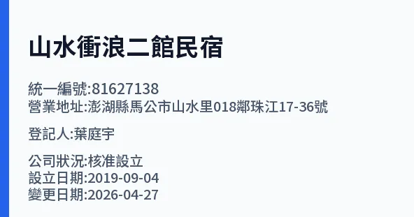 山水衝浪二館民宿的照片-統編 81627138(澎湖縣) 公司登記資料與營業項目詳細圖表