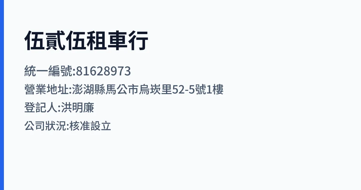 伍貳伍租車行 - 統編 81628973(澎湖縣) 公司登記資料與營業項目詳細圖表